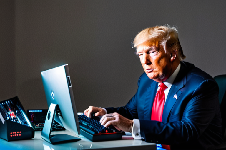Donald Trump gaming on a high-tech gaming PC setup with red LED lights