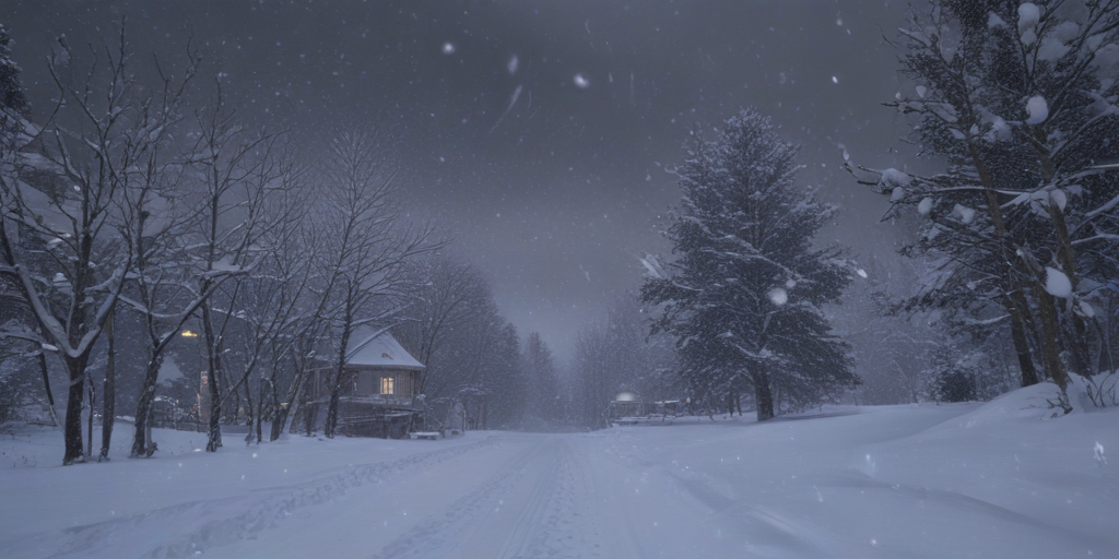 A Quiet Winter Night: Snow-Covered Road Through a Serene Forest Landscape.