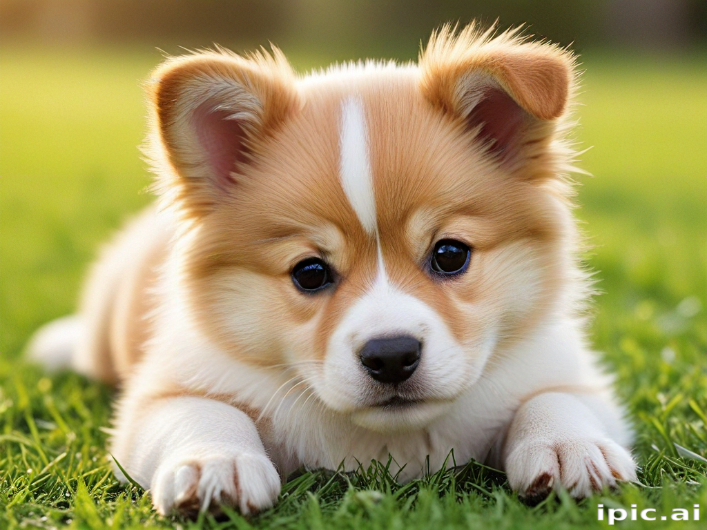 A Cute Corgi Puppy Relaxing on a Lush Green Lawn in Sunshine.