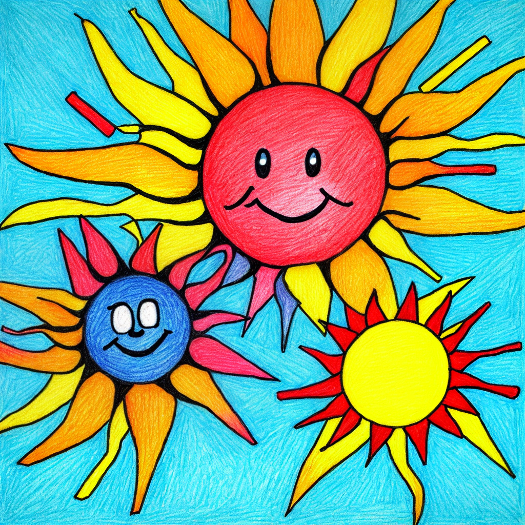 stylized crayon drawing of a smiling sun