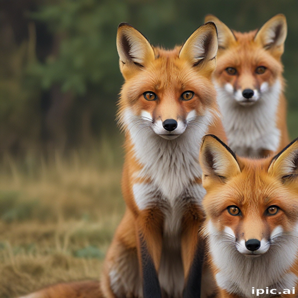 Three Curious Red Foxes Sitting Together in a Natural Setting.