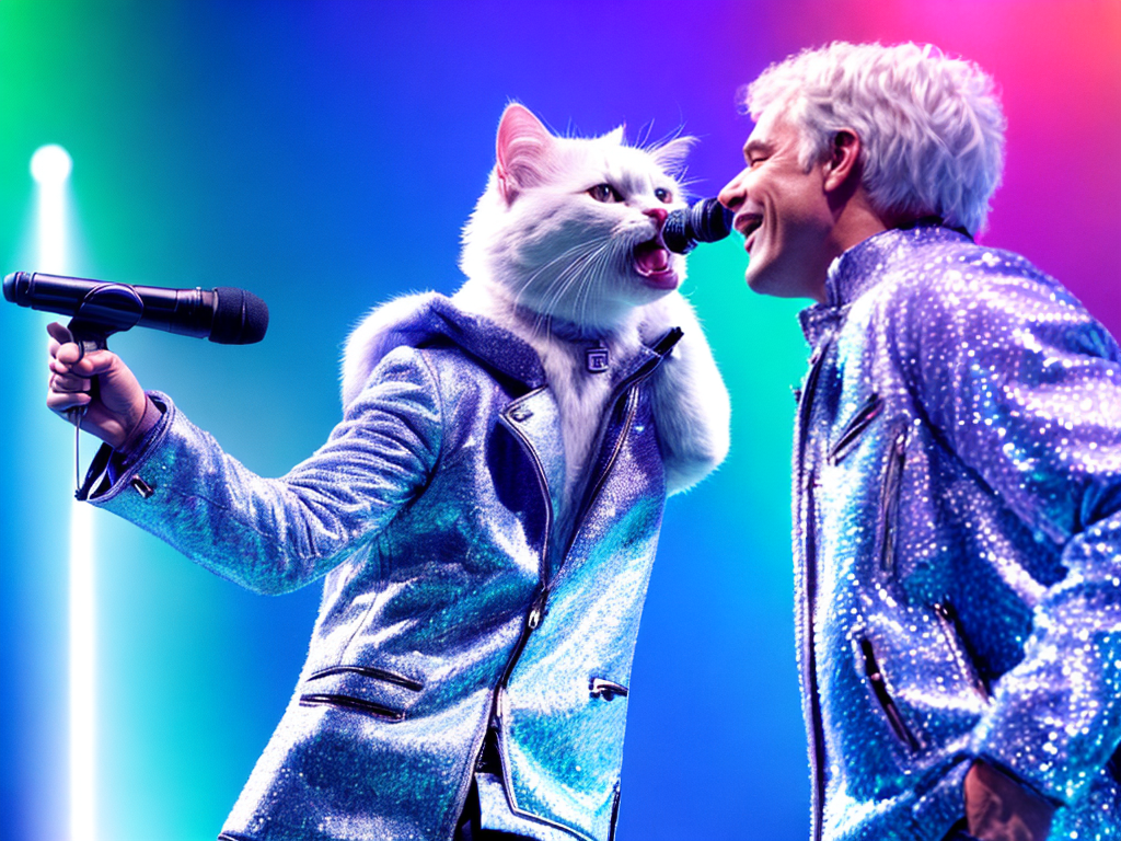 white cat in a shiny jacket singing into a microphone on a stage