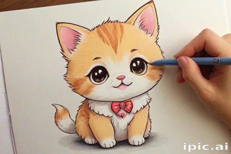 Colorful Illustration of an Adorable Kitten Being Drawn with Care