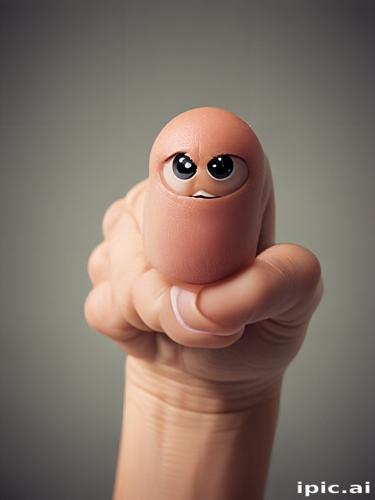 Playful Finger Character with Big Eyes Expressing Surprise in a Hand