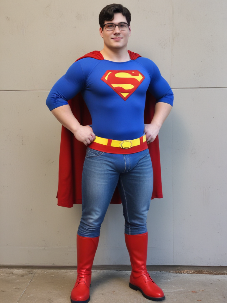 Realistic chubby high school guy, nerd guy, realistic superman costume ...