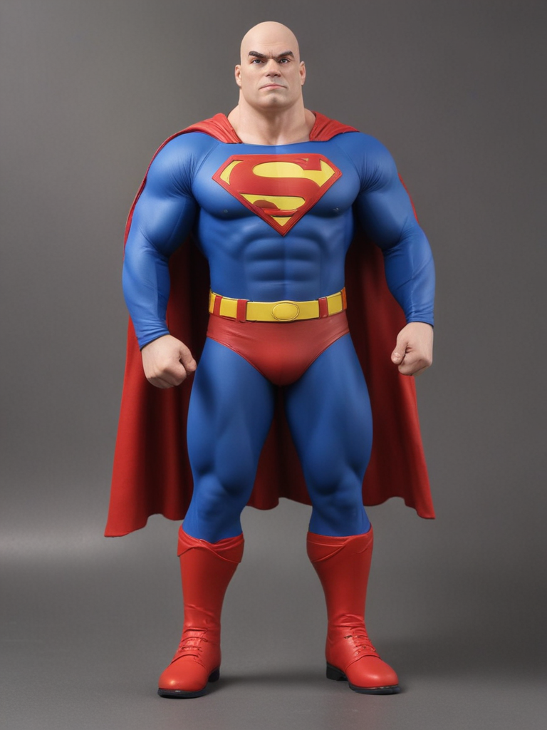 Realistic, chubby bald guy, realistic superman costume, red boots ...