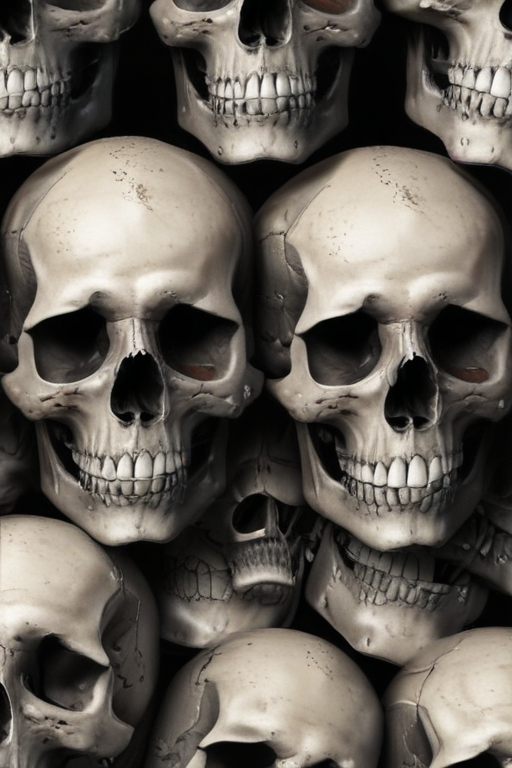 Close-Up of Multiple Human Skulls Stacked Together in Dark Background