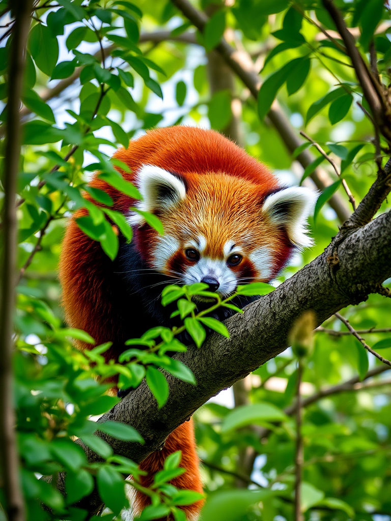 Curious Red Panda Peering Through Lush Green Leaves in Its Habitat
