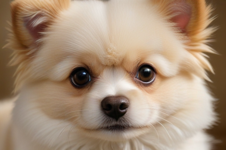 Adorable Close-Up of a Fluffy Cream-Colored Dog with Big Dark Eyes