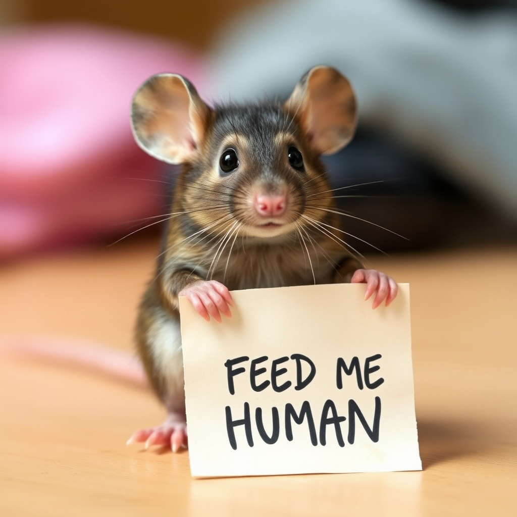Adorable Mouse Holding a Sign Pleading for Food from Humans