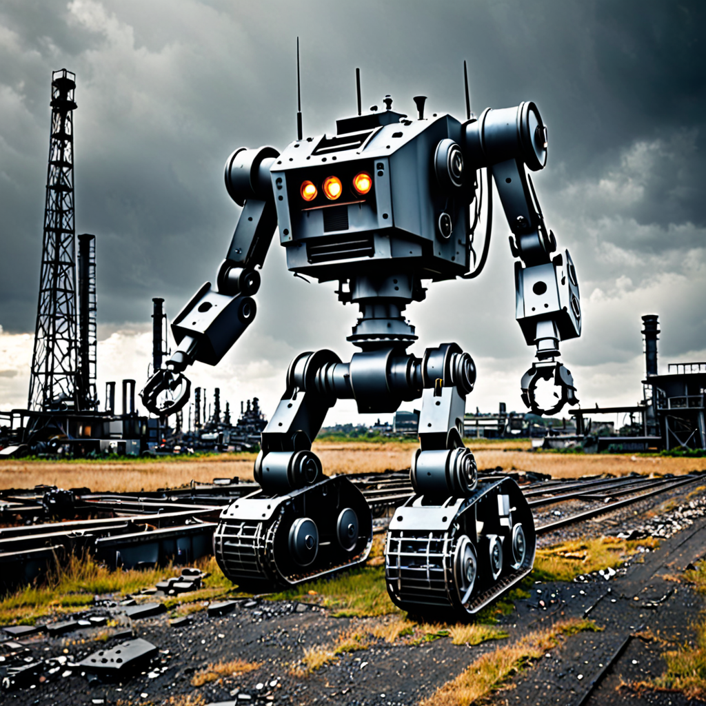 malfunctioning robot, industrial decaying landscape, dark style