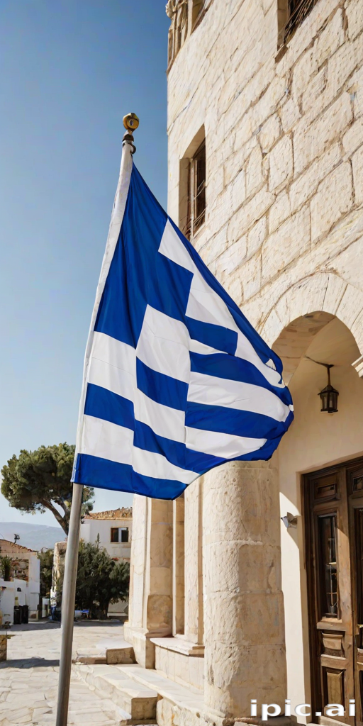 Vibrant Greek Flag Flying Proudly Outside Historic Stone Building in Greece