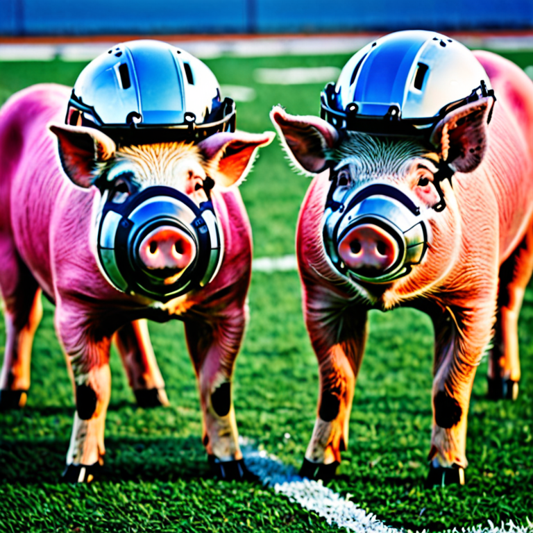 Two pigs in helmets and football guarding equipment standing head to ...