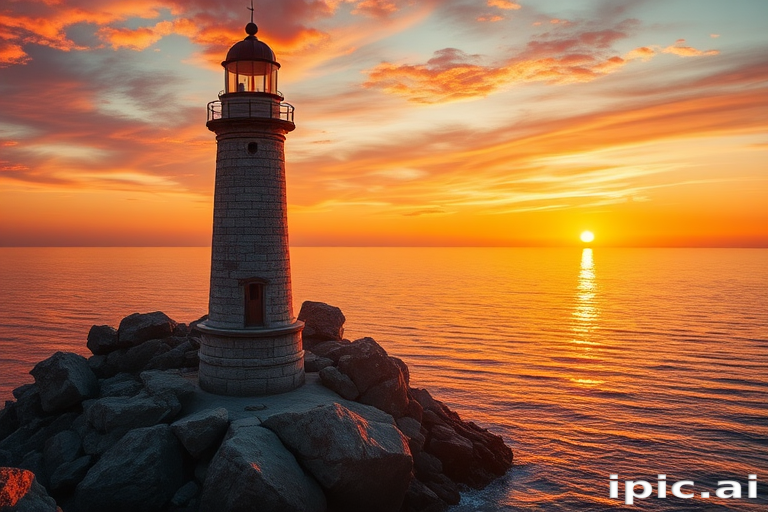 Stunning Sunset Over Calm Waters with a Lone Lighthouse Standing Tall