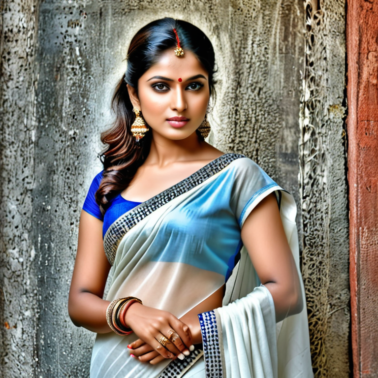 Indian model, white transparent chiffon saree, highly detailed hdr photo