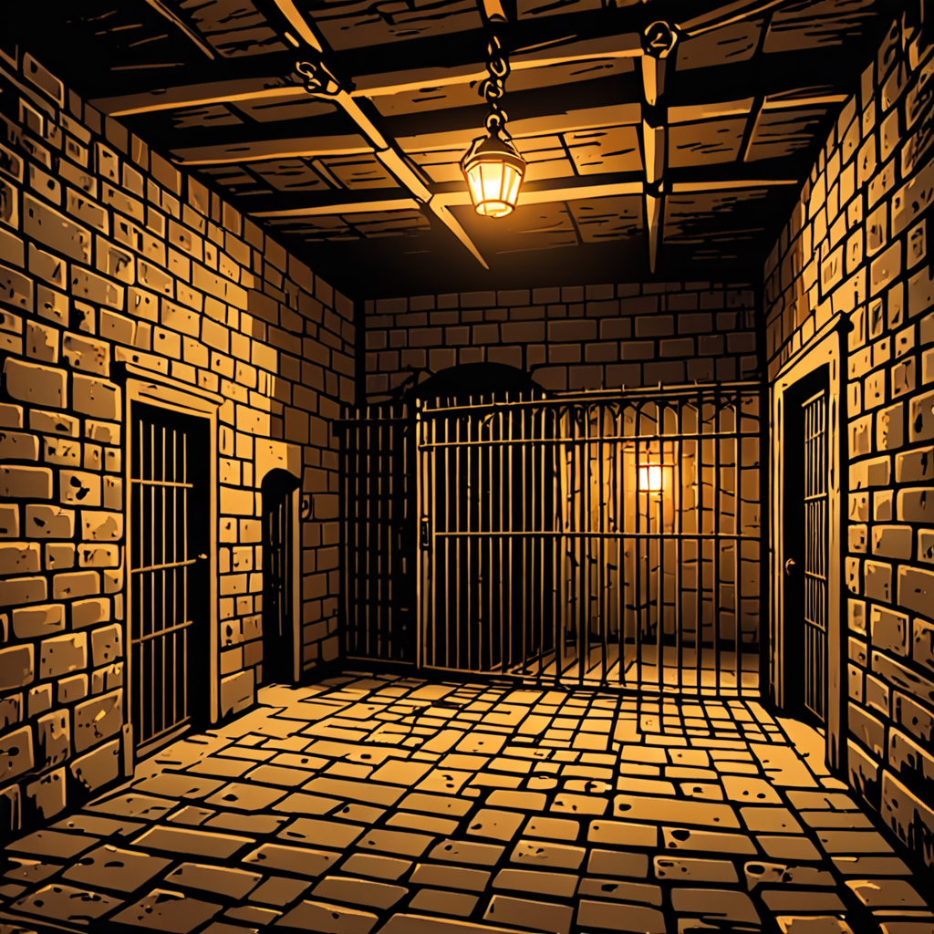prison cell in the basement of a medieval castle. Night. Flat colors.