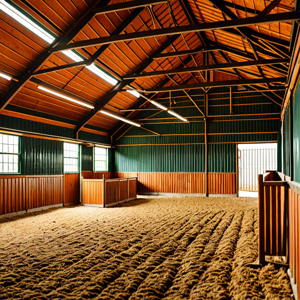 Stable interior with empty stalls. Flat colors.