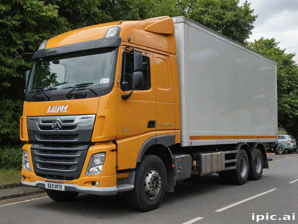 Bright Orange Delivery Truck Driving Along Tree-Lined Residential Street