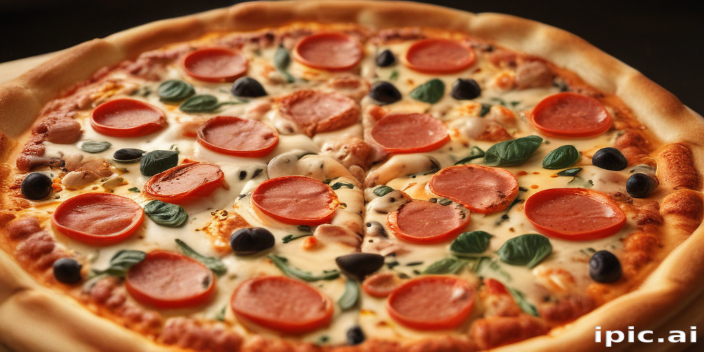 A Deliciously Topped Pepperoni Pizza with Olives and Fresh Basil Leaves.