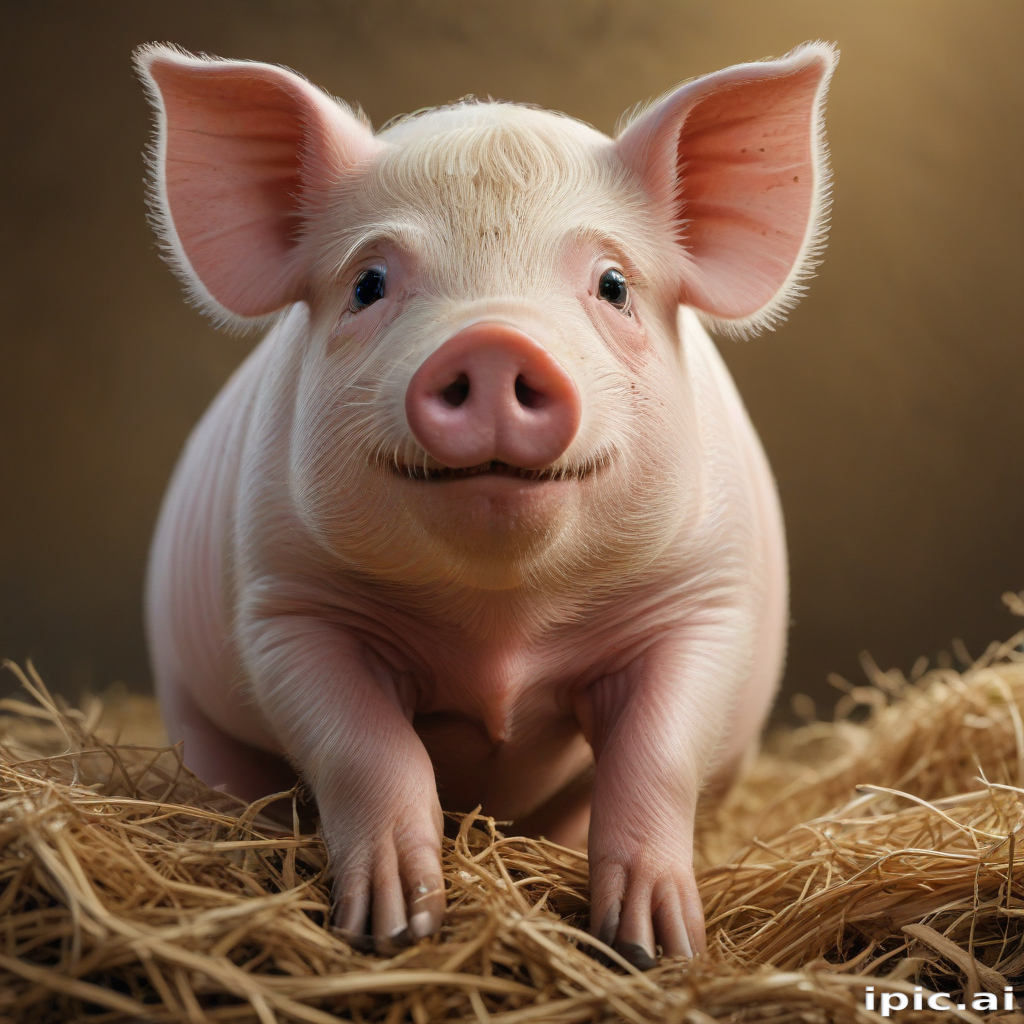 A Cute Piglet Smiling Playfully While Sitting on Soft Hay.
