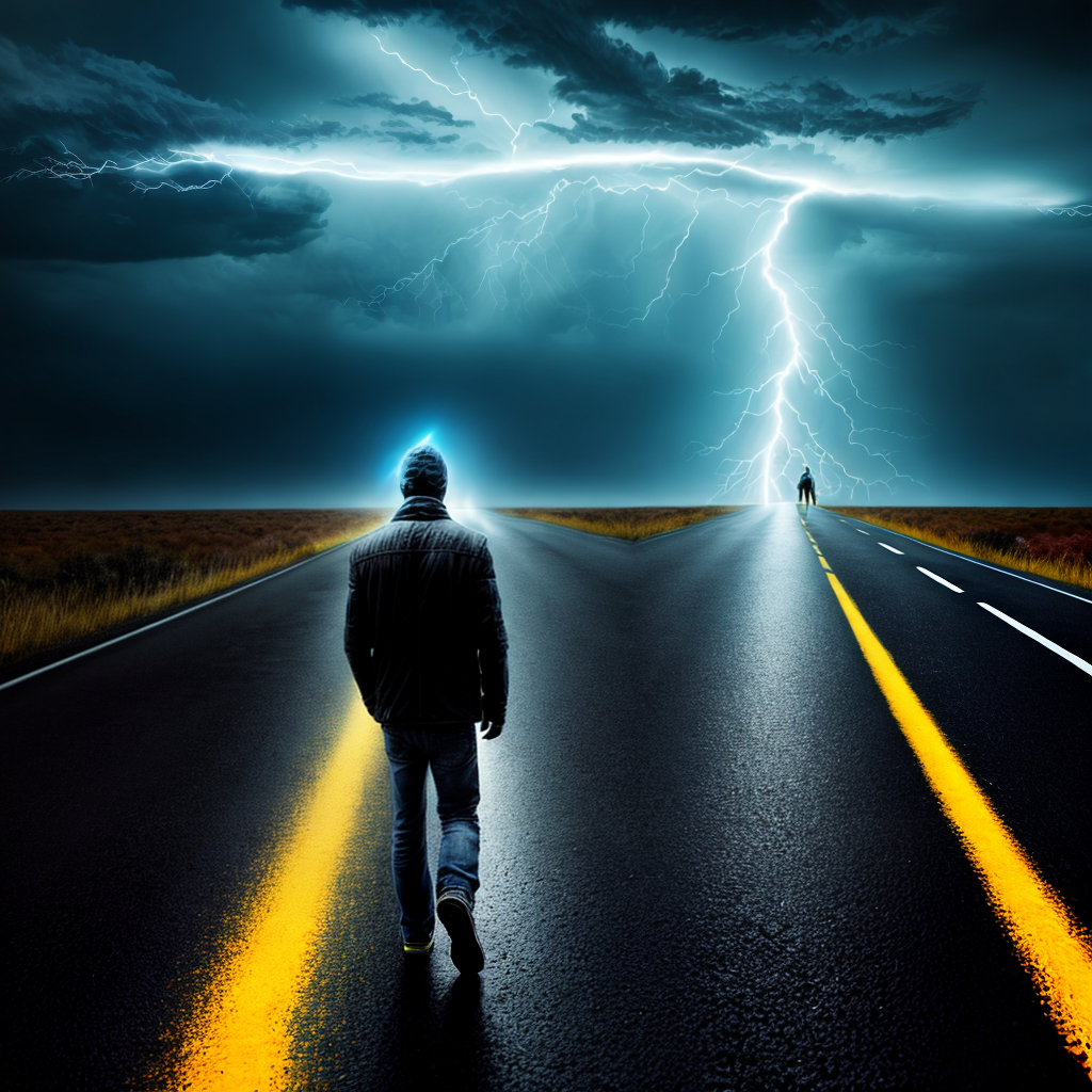 A man walking towards an unknown future in darkness a lightning bolt ...