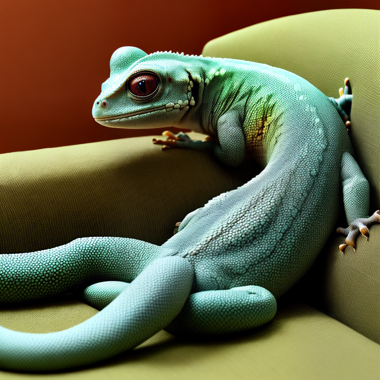 A majestic gecko sitting on a sofa in the living room drinking some ice ...