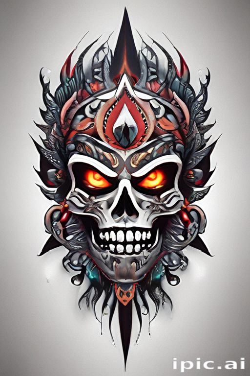 Intricate Skull Design with Fiery Eyes and Elaborate Decorative Elements
