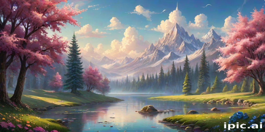 Majestic Mountain Landscape with Cherry Blossoms and Serene Reflective Lake