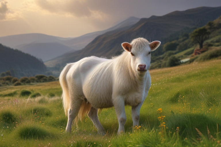 A Serene White Cow Grazing in a Lush Green Meadow Landscape.