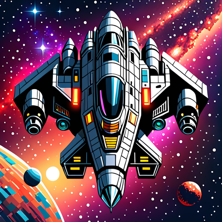 Generate a high-definition pixel art design featuring a spaceship ...