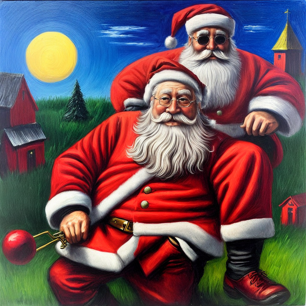 Painting of father Christmas in the style of max ernst