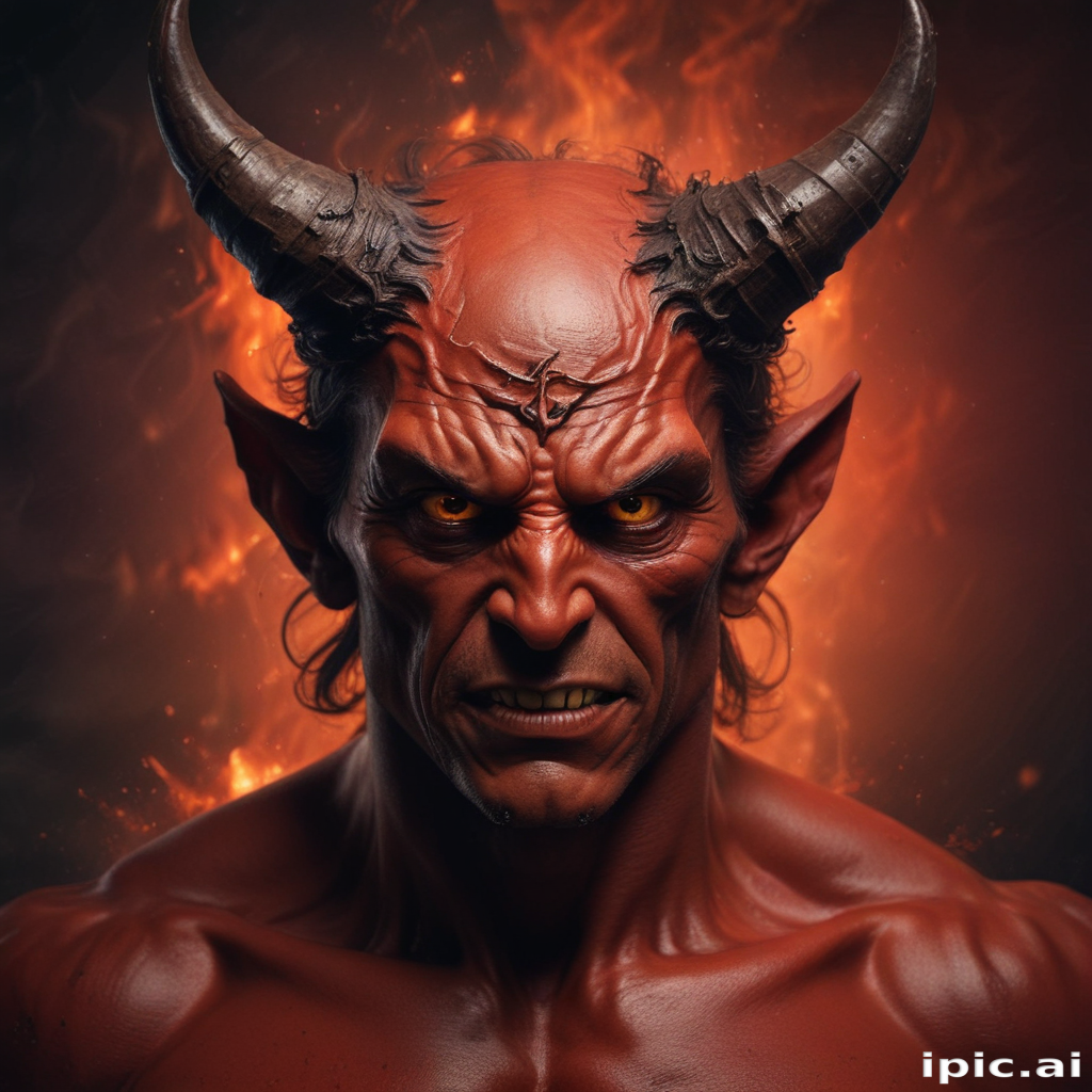 Intense Portrait of a Mythical Demon with Fiery Background and Horns
