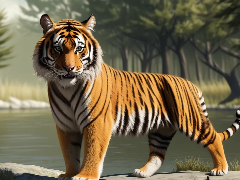 A Majestic Tiger Stands Proudly by the Tranquil Forest Riverbank.