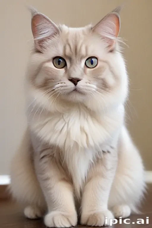 Fluffy Cream-Colored Cat with Striking Blue Eyes Sitting Gracefully