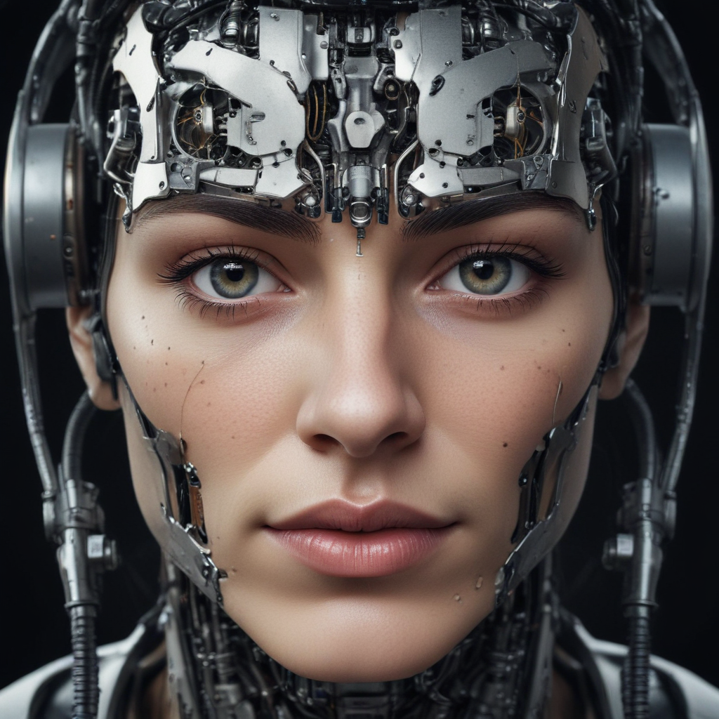 techno, human face, half robot. Defect, Mechanical