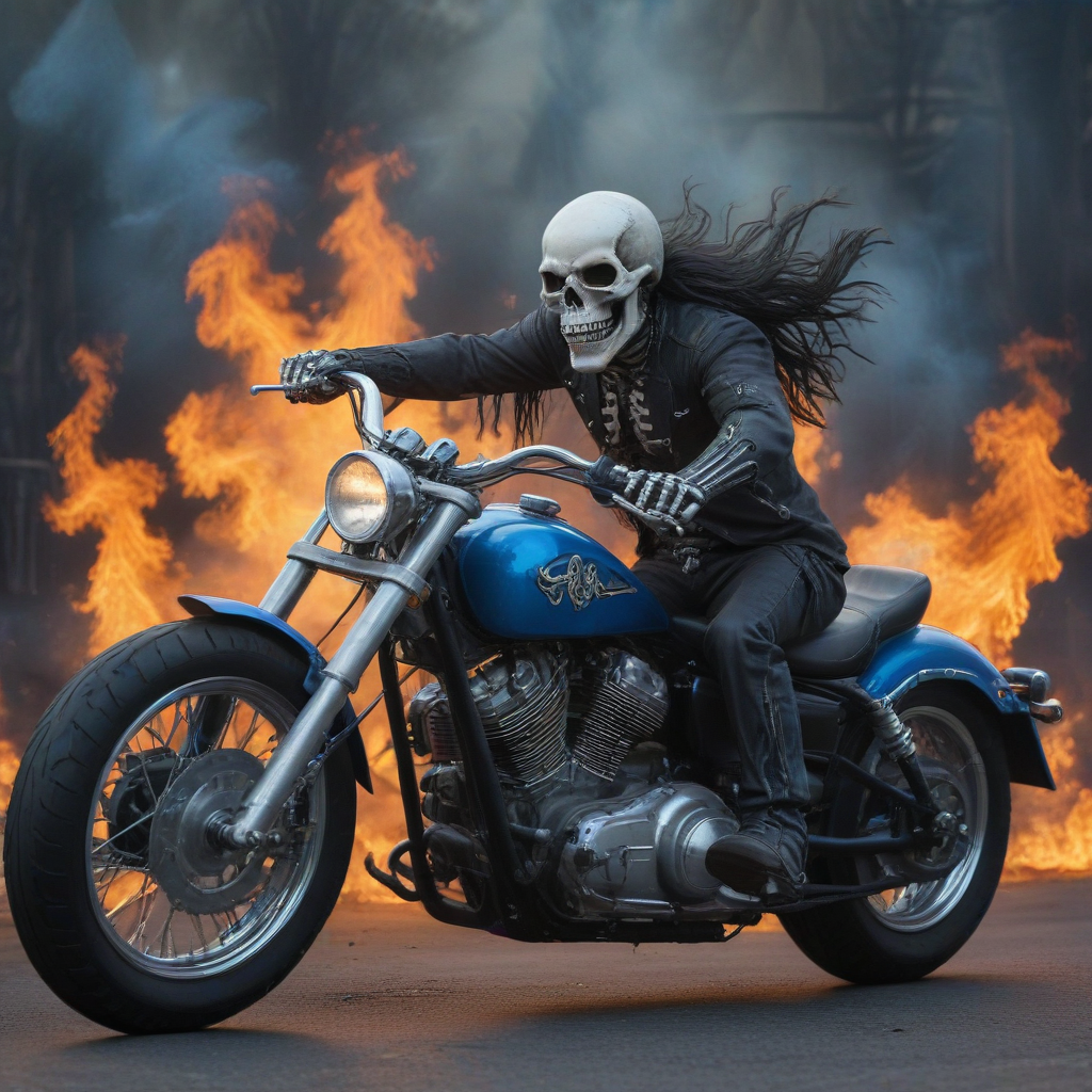 Wicked skeleton riding a motorcycle with blueflames in the background
