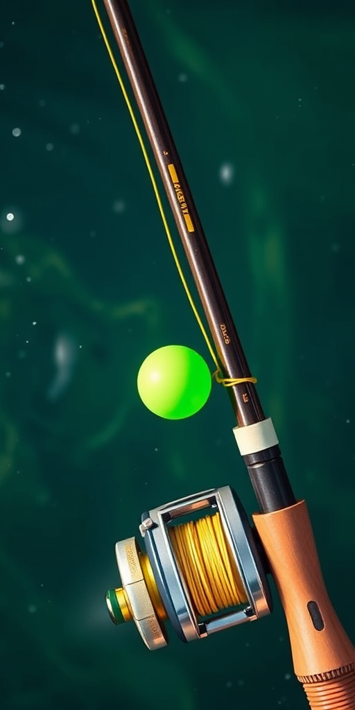Close-Up of a Fishing Rod with Bright Green Bobber and Reel