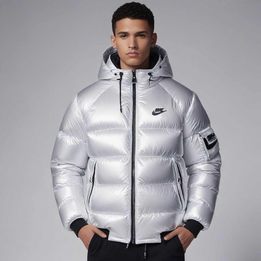 Male supermodel nike shiny puffer jacket bling jewellery hood