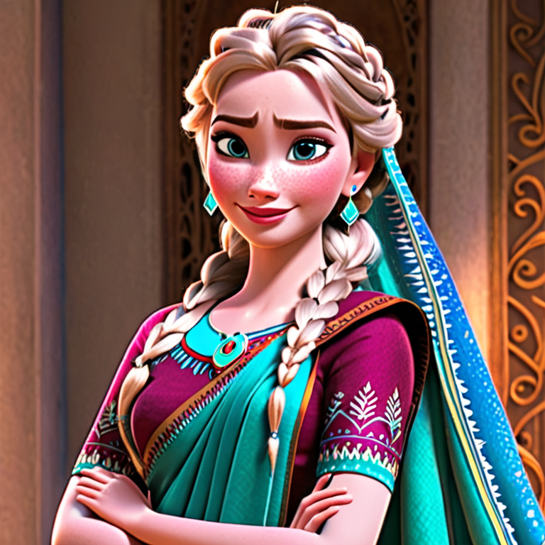 Elsa hug Anna in saree indian smile frozen disney smile look at camera ...