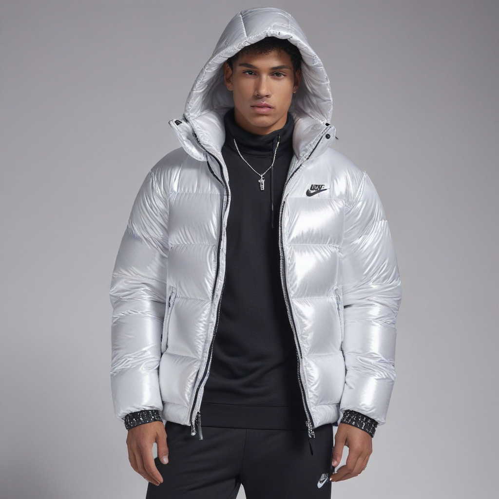 Male supermodel nike shiny puffer jacket bling jewellery hood