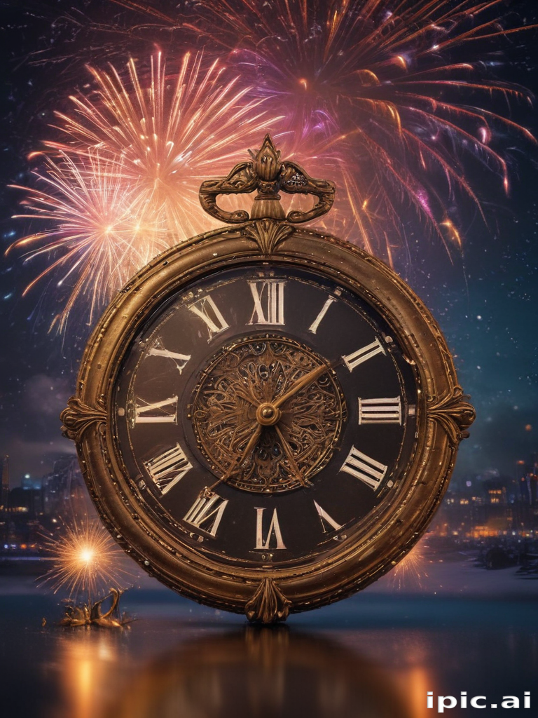An Elegant Antique Clock Surrounded by Colorful Fireworks Celebrating Time