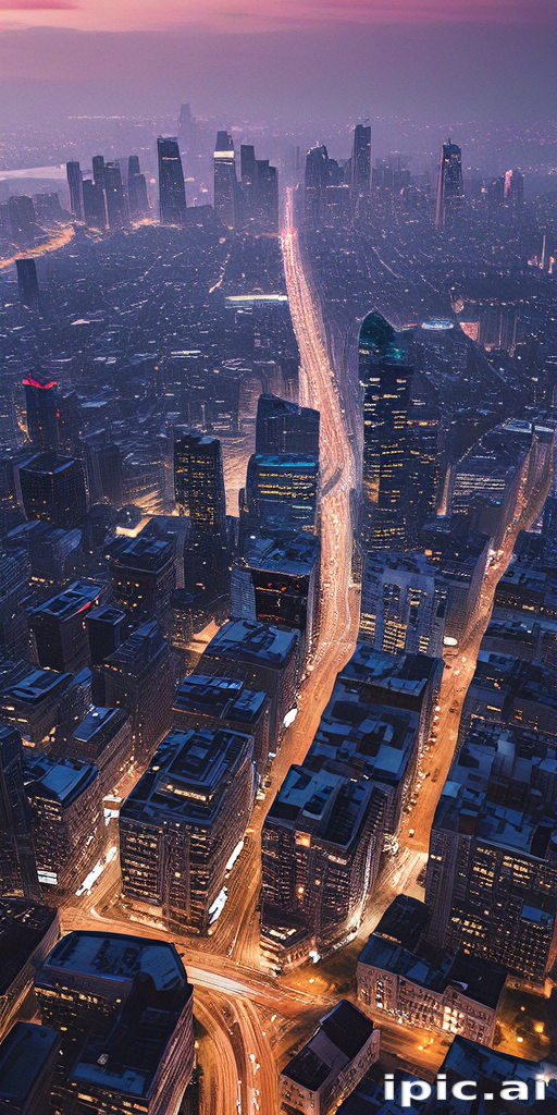 A Stunning Aerial View of a Cityscape at Twilight with Illuminated Streets