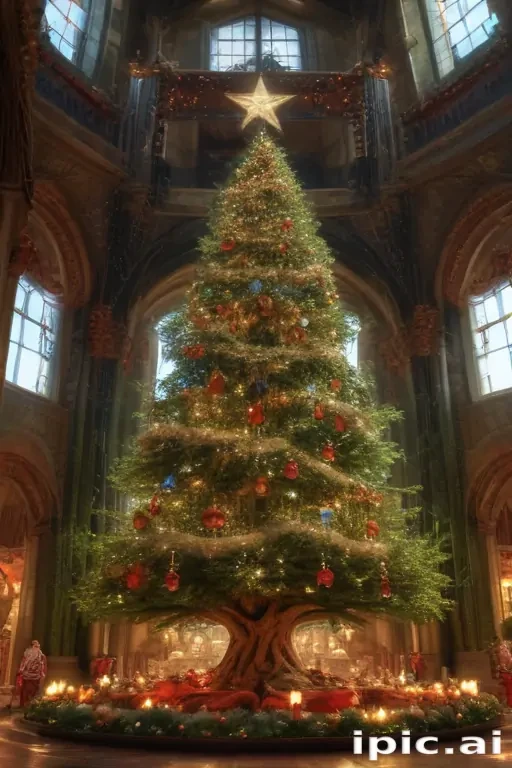 Majestic Christmas Tree Illuminated in a Grand, Festively Decorated Hall