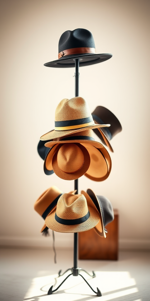 A Colorful Display of Stylish Hats on a Stand in Bright Light
