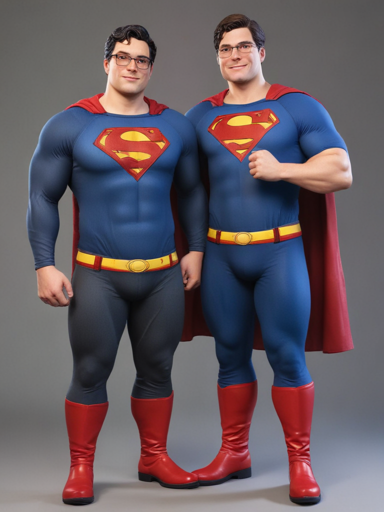 Two Realistic chubby college nerds guys, full body, realistic superman ...