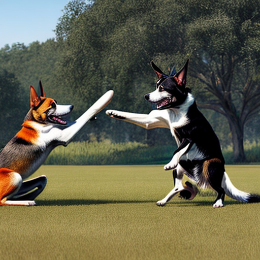 Digital realistic art of two dogs fighting over a big bone