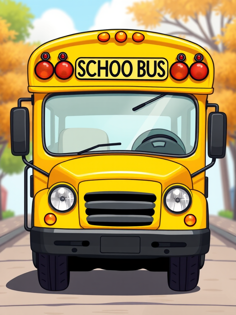 a bright yellow school bus cartoon with exaggerated features, high ...