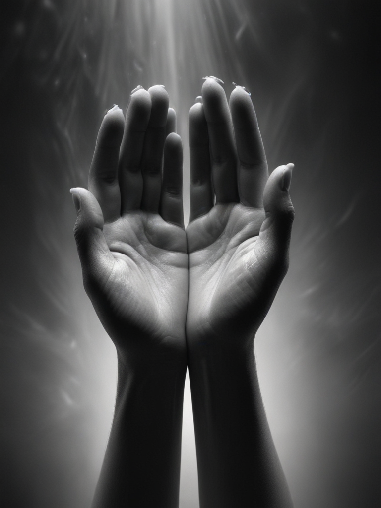 Two Open Hands Reaching Towards Light in a Darkened Space