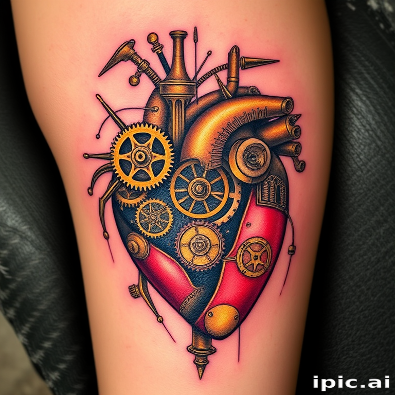 Intricate Steampunk Heart Tattoo Featuring Gears, Pipes, and Mechanical ...
