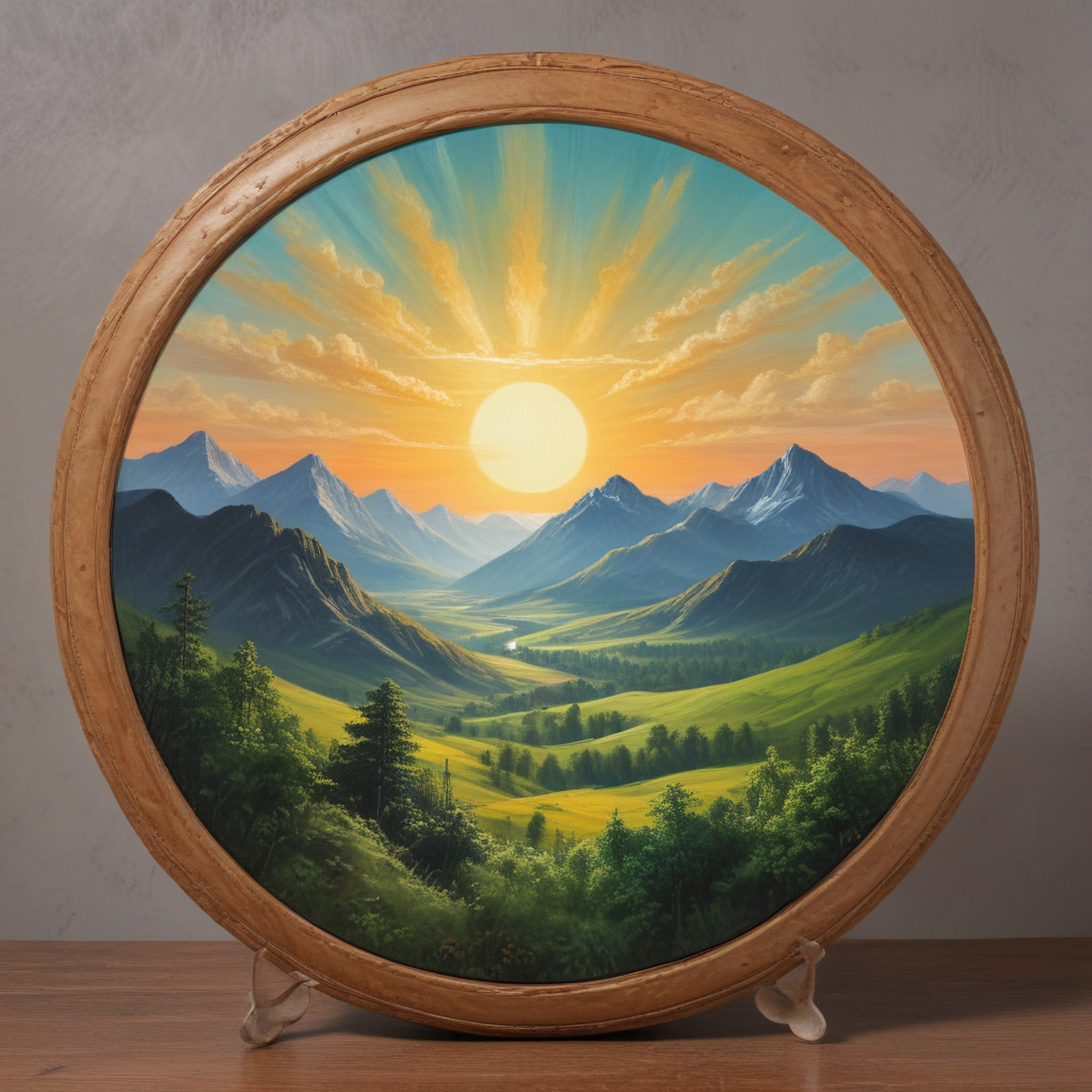 A big sun in the center, with green mountains bending towards the sun ...